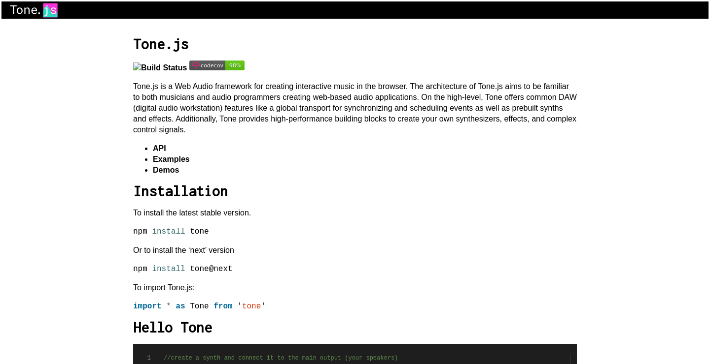Tone.js: A Web Audio framework for music in the browser.